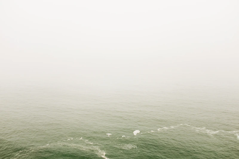 Gentle ocean waves blend into a hazy horizon under a soft, overcast sky.